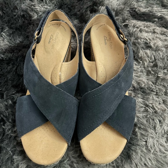Clarks | Shoes | Clarks Giselle Cove Wedge Sandals Blue Nubuck 95 ...